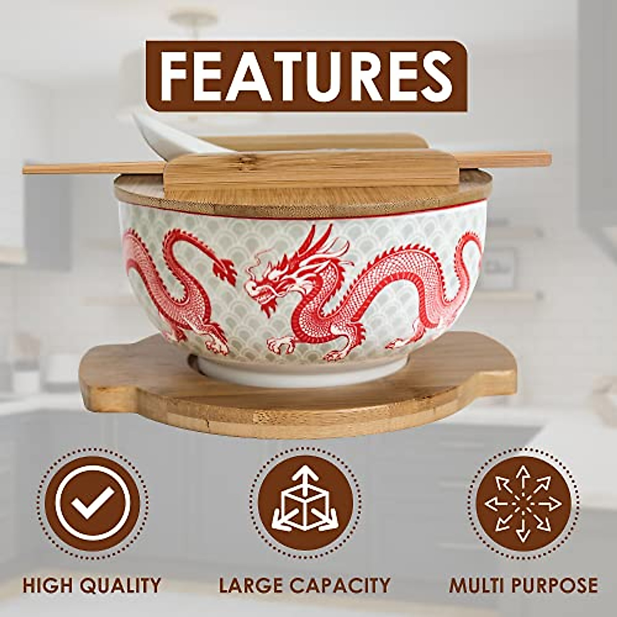 XWORLD Japanese Ceramic Ramen Noodle Bowls Set with Ceramic Spoon, Bamboo Chopsticks, Lid & Trivet, Serving Capacity of 33.8 OZ, Microwavable Oven Safety (3.3” x 6.6” D) (Red Dragon)
