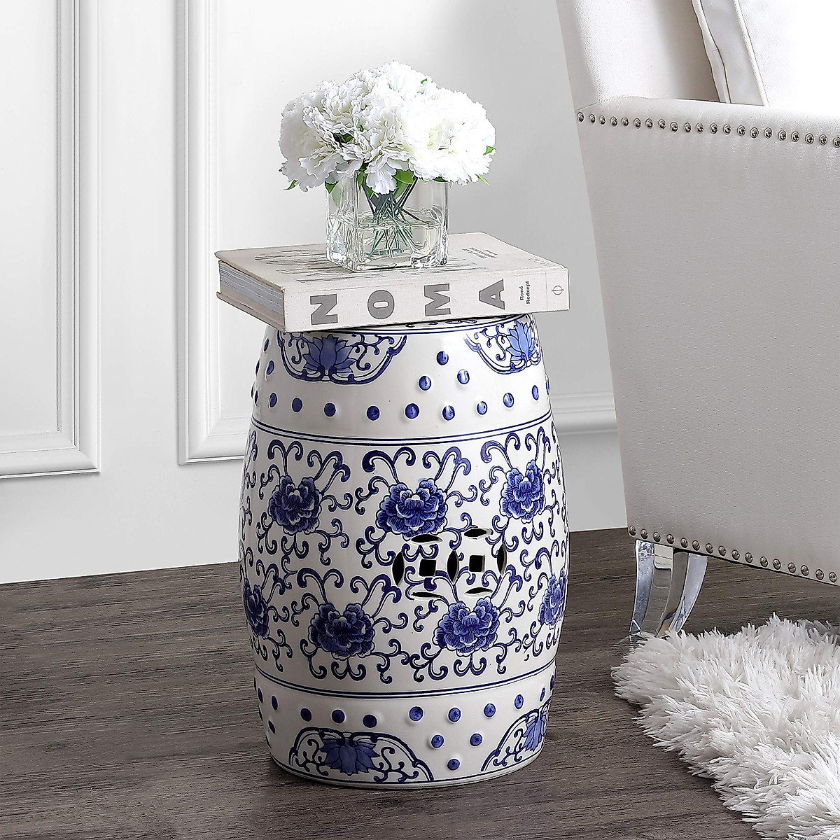 JONATHAN Y TBL1000A Lotus Flower 17.8" Chinoiserie Ceramic Drum Garden Stool Bohemian, Coastal, Classic, Cottage, French Country, Traditional, Transitional, Bathroom, Garden Room, Patio, Blue/White
