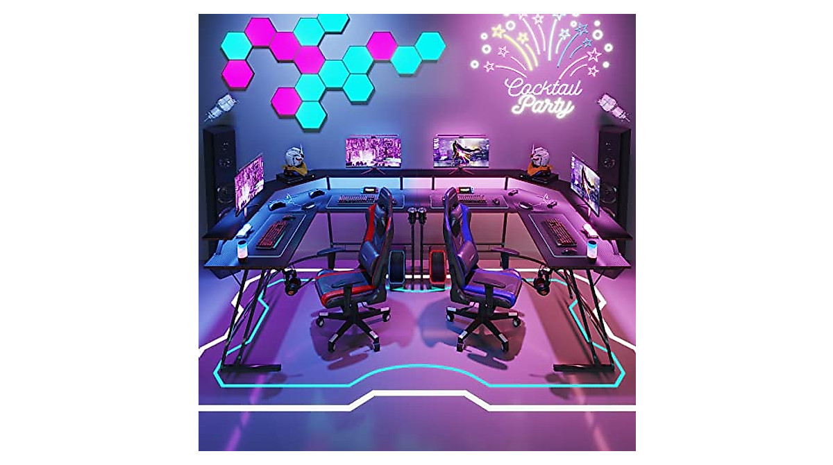 Flamaker Gaming Desk with LED Lights & Power Outlets - Ergonomic L ...
