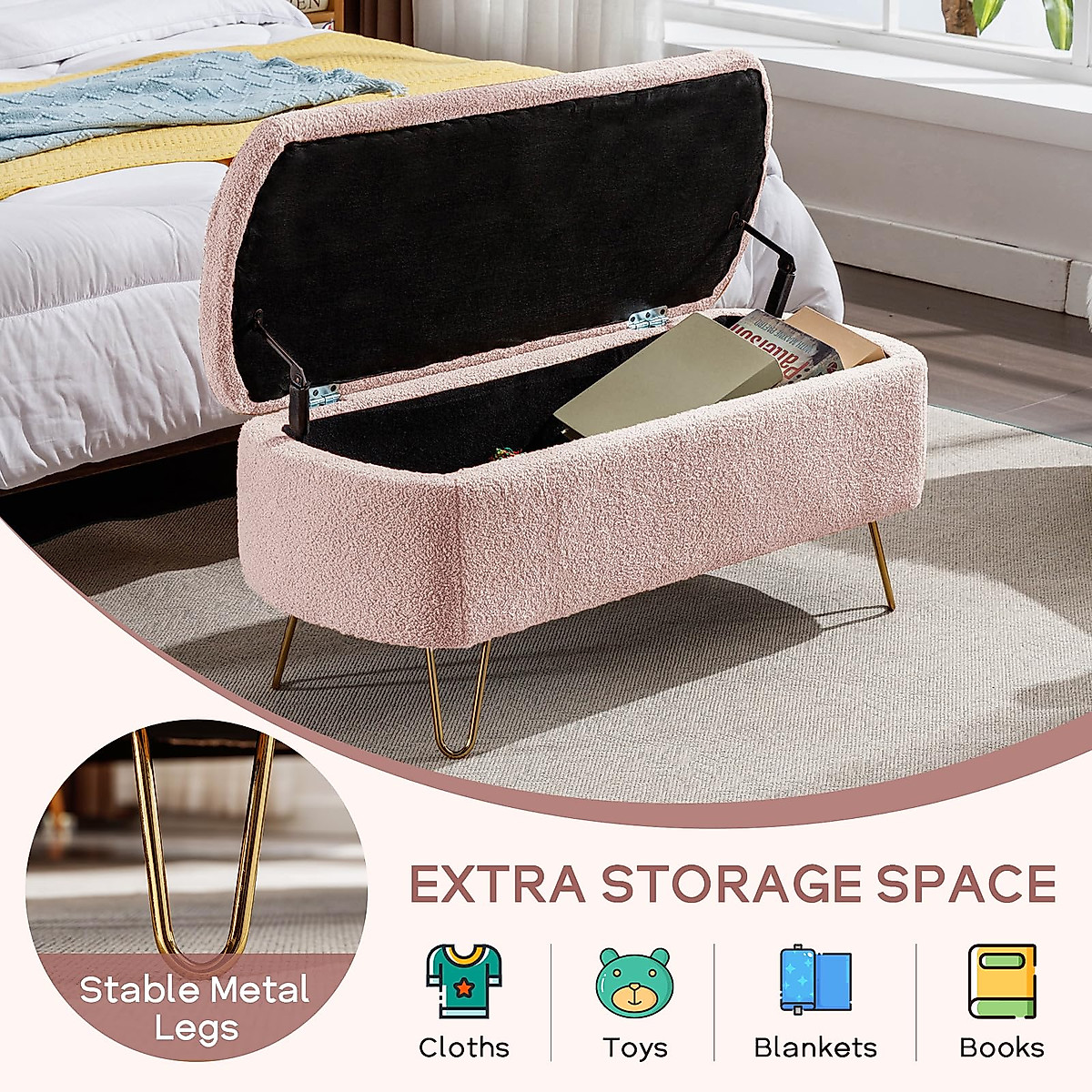 Sudwesto Modern Storage Ottoman Bench, Vintage Faux Fur Entryway Bench, End of Bed Bench with Gold Legs, Upholstered Padded Bench for Living Room, Bedroom, Entryway (Pink)