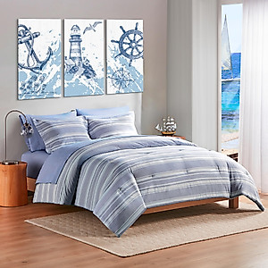 Full Size Comforter Set with Sheets, Modern Blue and White Striped Bed in a Bag, 7-Piece Complete Bedding Set Including Reversible Comforter, 2 Sheets, Pillowcases & Shams
