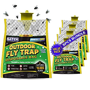 Outdoor Fly Trap Bags (5 Pack), Disposable, Hanging Fly Catcher with Bait, Outdoor Use Fly Hunter Repellent Control Catcher Killer, Flies Trap for Barn, Farm, Mosquito, Bugs, Gnats, Ready to Use