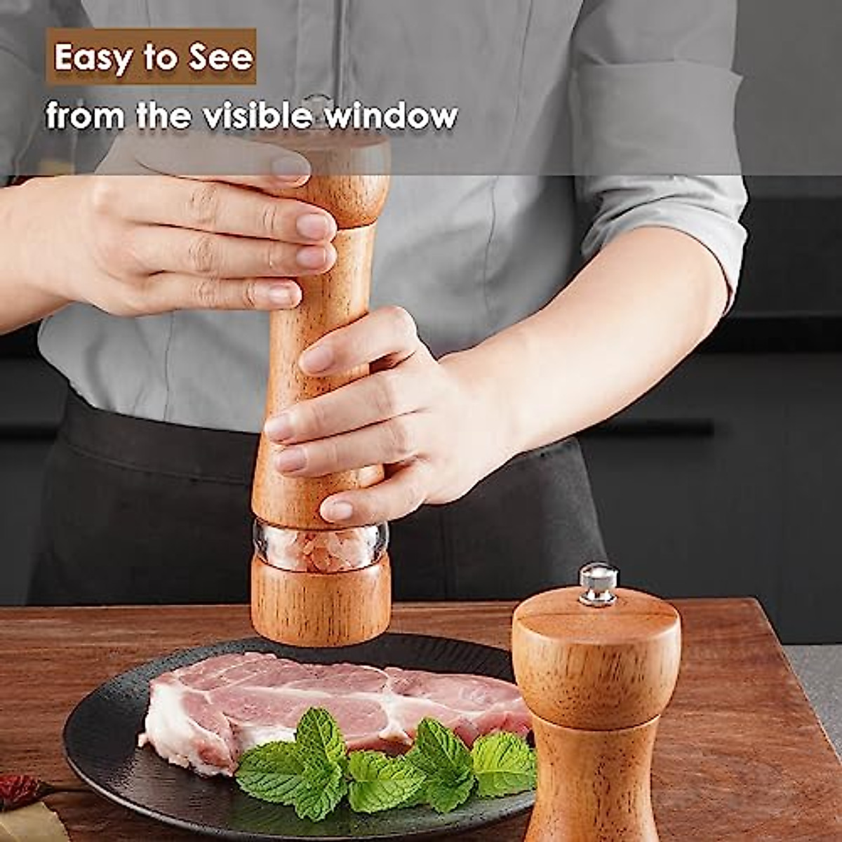mosuniro Salt and Pepper Grinder Set - 2 Pack Wooden Salt and Pepper Mill Sets with Adjustable Coarseness - Refillable Manual Pepper Mill Grinder