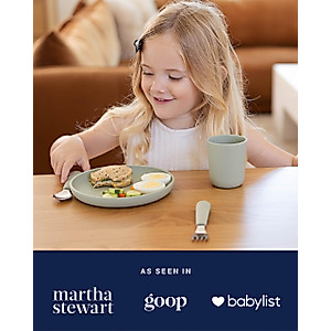 Lalo Big Bites Kids Dinnerware Full Set - Dishwasher Safe, BPA Free, Kids Tableware Set - Includes Stackable Bowl, Plate, Utensils & Cup - 7 Pieces - Sage