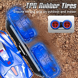 STEMTRON Remote Control Car 2.4GHz RC Stunt Car Double Sided Running Fast RC Car 360°Rotating Vehicles 180°Flips RC Crawler with Bright Headlights Toy Gift for Boys and Girls (Blue)