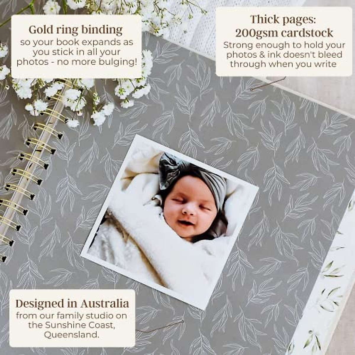 Peachly Unisex Baby Memory Book | Minimalist First Year Keepsake for Milestones | Simple Scrapbook Baby Books for Boy or Girl | 60 Pages Natural Linen - Olive, 9.75 inches x 11.25 inches