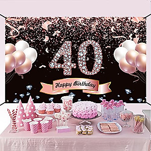 Trgowaul 40th Birthday Decorations for Women - Rose Gold Birthday Backdrop Banner, 40 Year Old Birthday Party Poster Decor, Happy 40th Birthday Party Decoration Photography Background 43.3"L x 70.8"W
