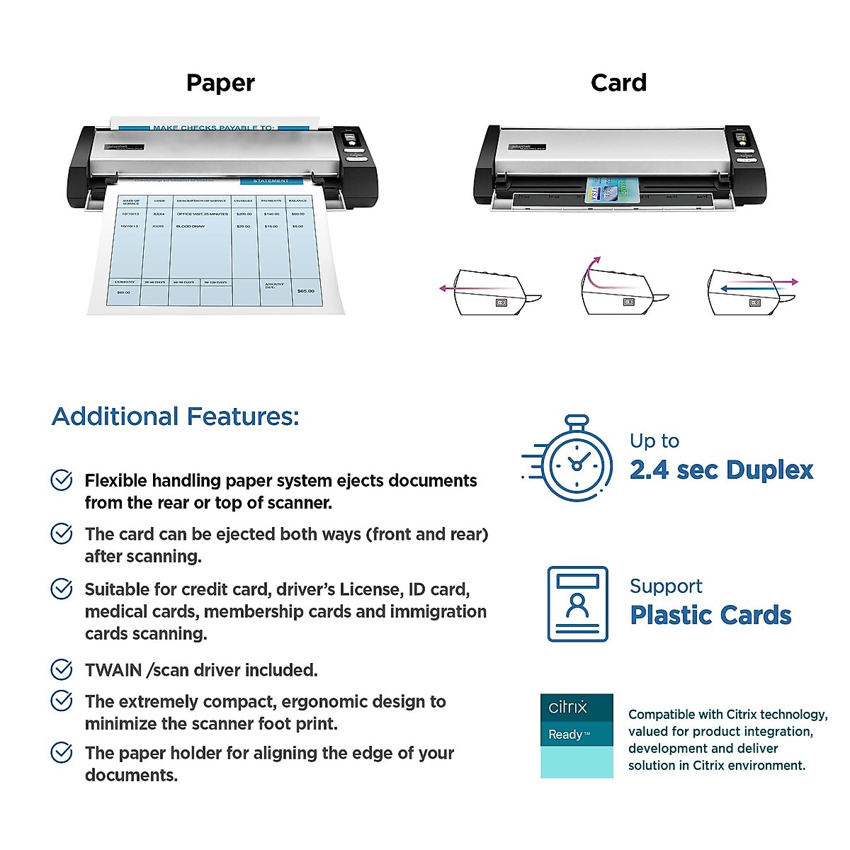 Plustek Mobileoffice D430 Portable Duplex Commercial Duty Document and Card Scanner, Perfect for Front Desk Use, Powerful Document Management Solution