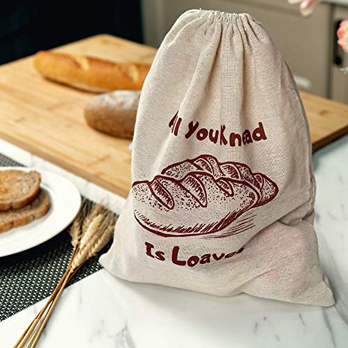 Linen Bread Bags, Pack of 4 Large and Extra Large Natural Unbleached Bread Bags, Reusable Drawstring Bag for Loaf, Homemade Artisan Bread Storage, Linen Bags for Food Storage, Ideal Gift for Bakers