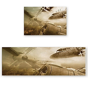Kitchen Mat Set of 2, Vintage Airplane Background Kitchen Rugs and Mats Non-Slip Floor Mat Durable Washable Runner Doormat for Kitchen Office Laundry 23.6'' x 35.4'' + 23.6'' x 70.9''