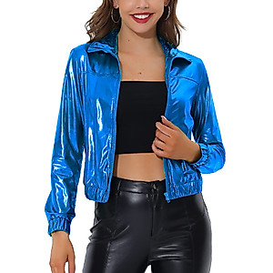 Allegra K Women's Holographic Shiny Party Christmas Long Sleeve Lightweight Zipper Metallic Jacket Medium Blue