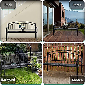 LETKIND 59" Outdoor Patio Bench w/Pullout Middle Table Garden Metal Benches Double Seat Porch Bench, Cast Tube Steel Frame Outside Black Bench for Backyard, Park, Deck, Lawn