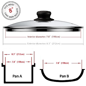 8 Inch Glass Lid for Frying Pan, Fry Pan, Skillet, Pan Lid Fits Lodge 8 Inch Cast Iron Skillets 8"/20cm, Clear