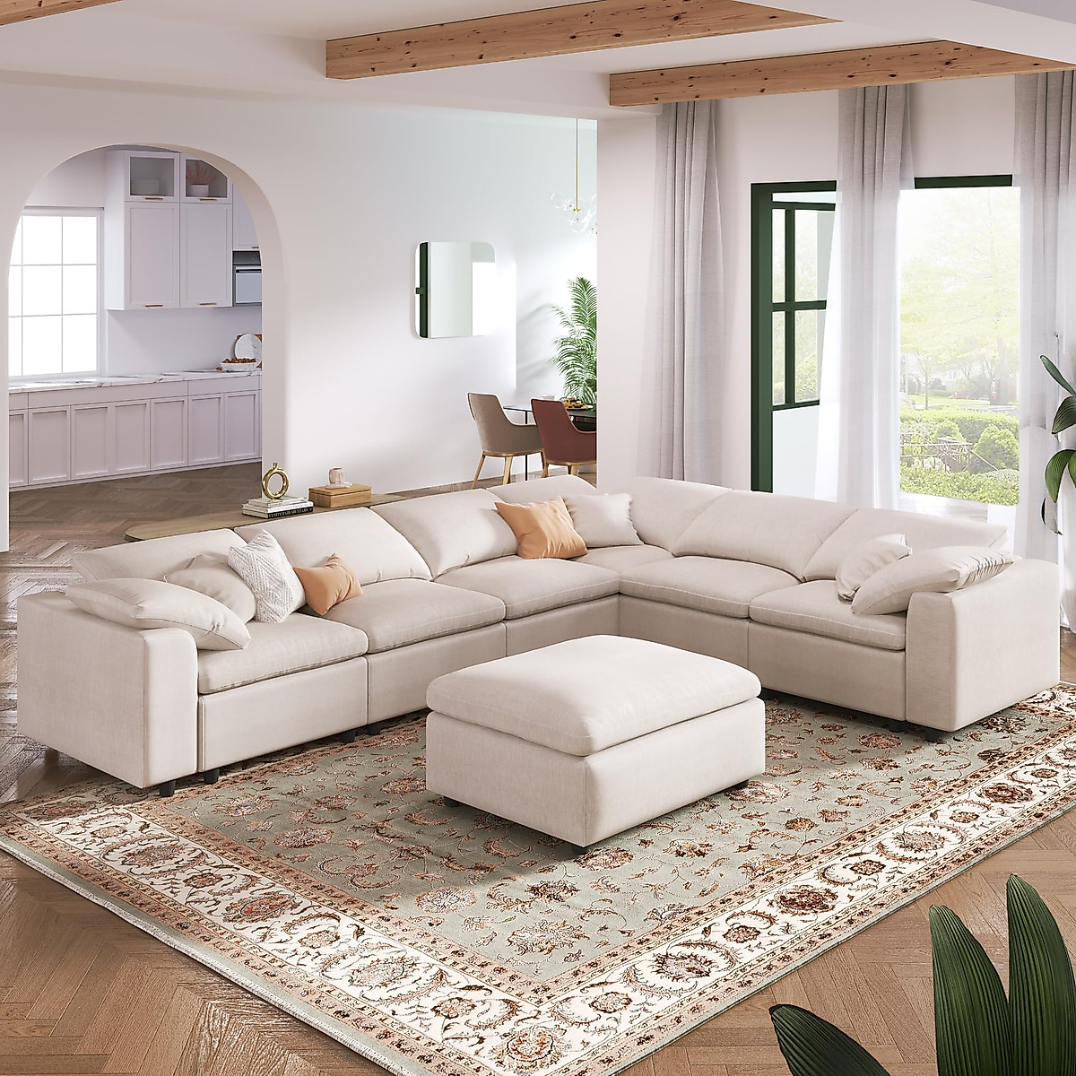 WILLIAMSPACE 130.2" Oversized Beige Sectional Couch Sofa for Living Room, Modular Upholstered Sofa Couch with Ottoman, L Shaped Corner Sectional with 5 Pillows for Spacious Space (Beige)