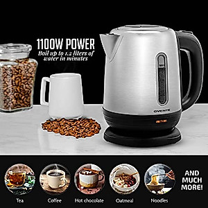 Ovente Electric Tea Kettle Stainless Steel 1.2 Liter Portable Instant Hot Water Boiler Heater 1100W Power Fast Boiling with Cordless Body and Automatic Shut Off for Coffee Milk Chocolate Silver KS22S