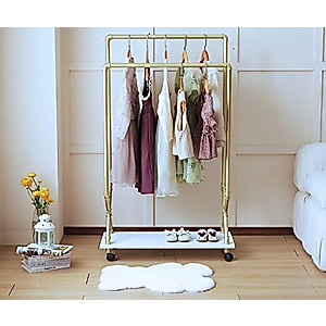 Child Clothes Rack, Kids Garment Rack Armoire Dress-up Closet, Rolling Pipe Open Clothing Rack with Wood Storage Shelf, Industrial Modern Kids Wardrobe Costume Organizer Center with 2 Hanging Rods