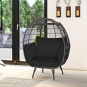 MAT EXPERT Oversized Egg Chair, Wicker Patio Basket Circle Lounge Chair w/Metal Stand & 4 Thick Cushions, PE Rattan Egg Lounger Outdoor Indoor for Backyard, Balcony, Living Room (Black)