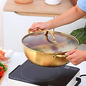 Color ME! 12 Inch 18/8 Stainless Steel Shabu Shabu Hot Pot with Divider Color Me Chinese Induction Shabu Shabu Pot with Glass Lid Dual Sided Stockpots (Gold)