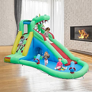 Inflatable Water Slides for Kids - Kinsuite Inflatable Bounce House Water Slide w/Jumping Area Climbing Wall Water Cannon Splash Pool Tunnel Indoor Outdoor Play (with 680W Air Blower)