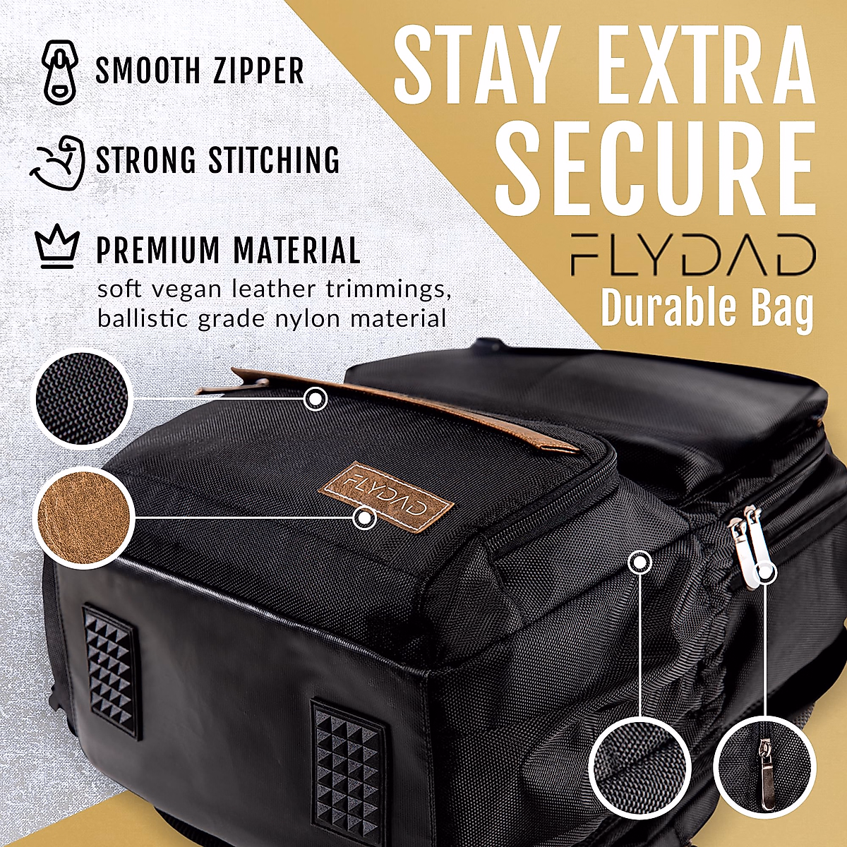 FlyDad - FirstBorn Men's Diaper Backpack, Stylish Diaper Backpack, Dad Diaper Bag, Mens Diaper Bag w/ 21 Compartments, Changing Mat, & Insulated Milk Pockets for Bottles (4oz), Brown Leather Accents