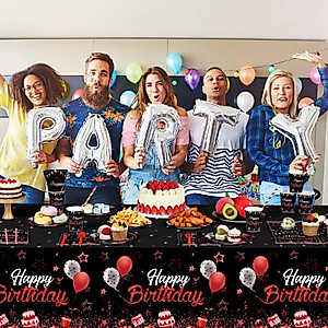 Capoda Birthday Party Supplies Happy Birthday Tableware Set Confetti Starry Tablecloth Plates Cups Napkins Dinnerware for Kids Adults Party Supplies Decor(Red and Black)