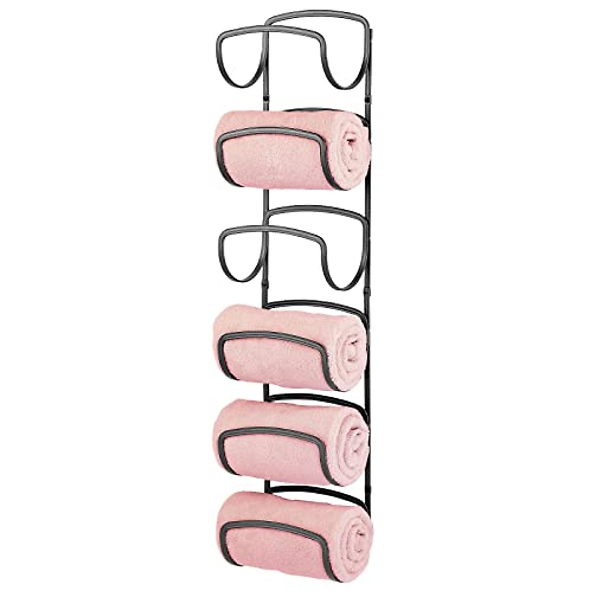 mDesign Steel Towel Holder for Bathroom Wall - Wall Mounted Organizer for Rolled Towels and Bath Robes - Six Level Wall Mount Towel Storage Rack - Bathroom Towel Organizer - Hyde Collection - Black