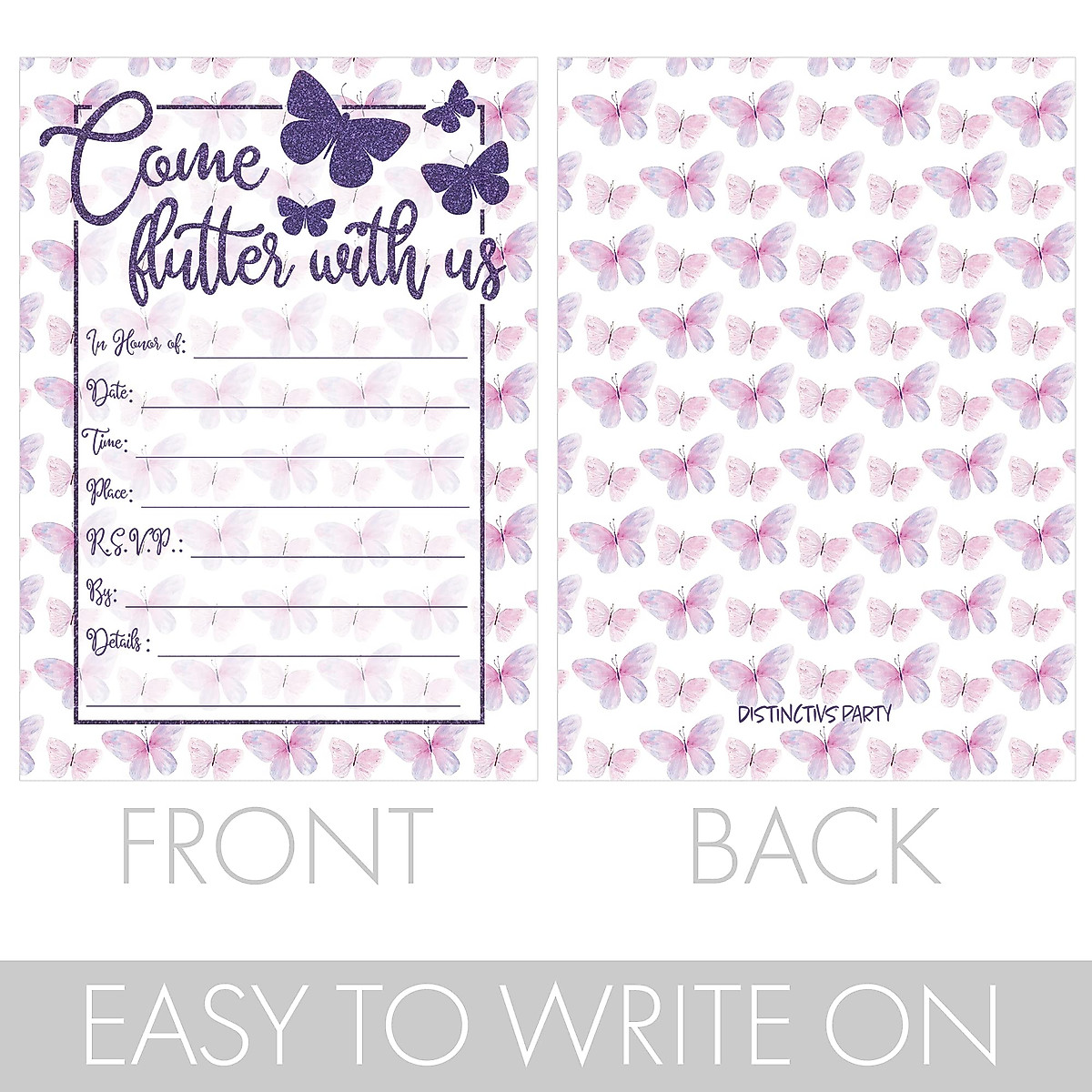 DISTINCTIVS Butterfly Birthday Party Invitations - Purple Butterfly Wishes - 10 Fill In Invite Cards with Envelopes - Come Flutter With Us Themed Party Supplies