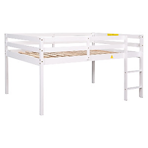 HABUHOME Low Loft Bed Full Size, Wood Loft Bed with Ladder, Full Loft Bed Frame with Safety Guardrail for Kids Teens Boys Girls,White