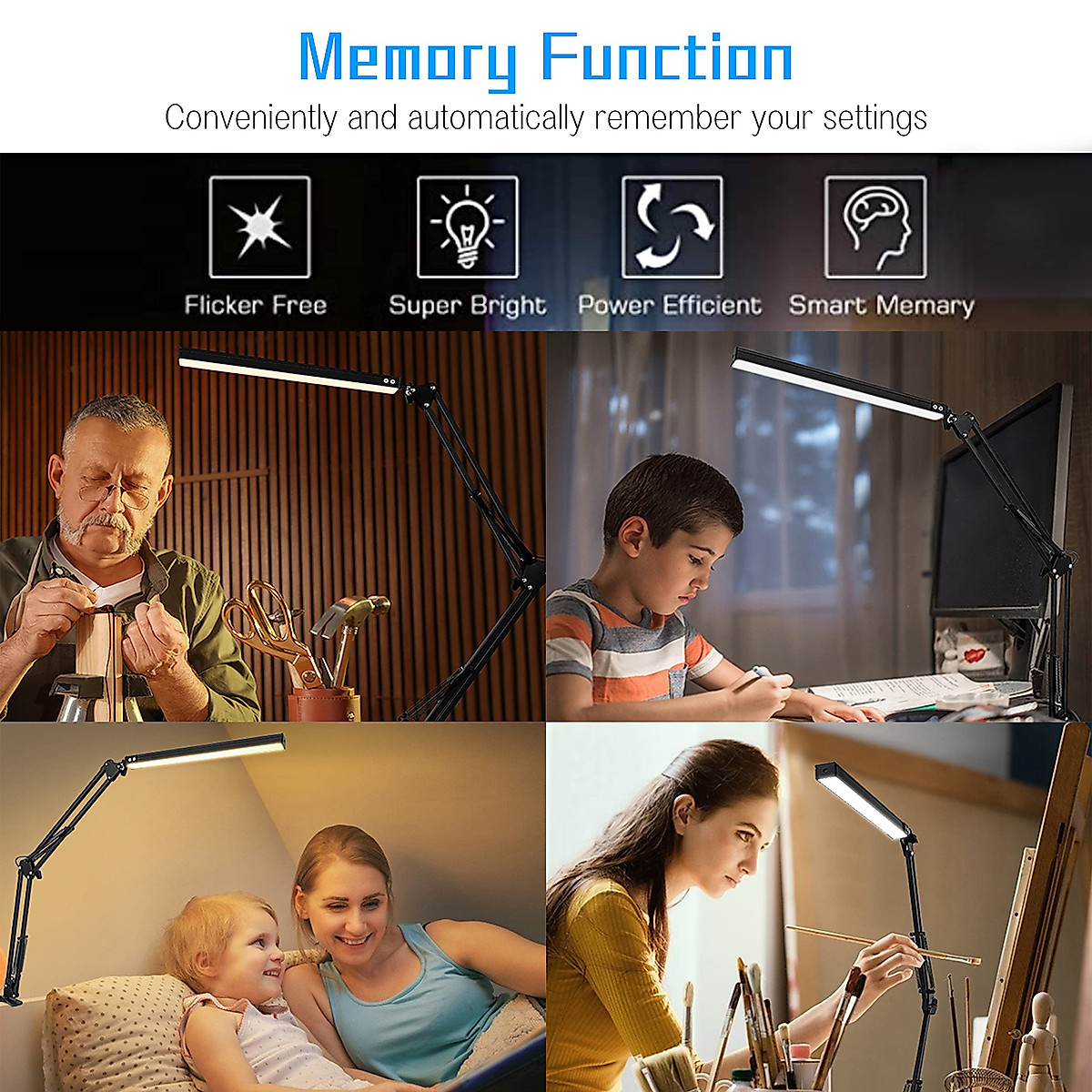 TROPICALTREE LED Desk Lamp with Clamp and Round Base,Eye Caring Table Lamp with Swing Arm,3 Color Modes 10 Brightness Levels,Memory Function, Desk Light for Home Office with USB Adapter Black-14W