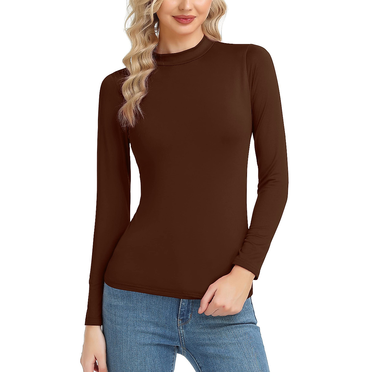 Women Thermal Shirt Fleece Lined Long Sleeve Soft Stretchy Mock Neck Tee Tops Coffee Small