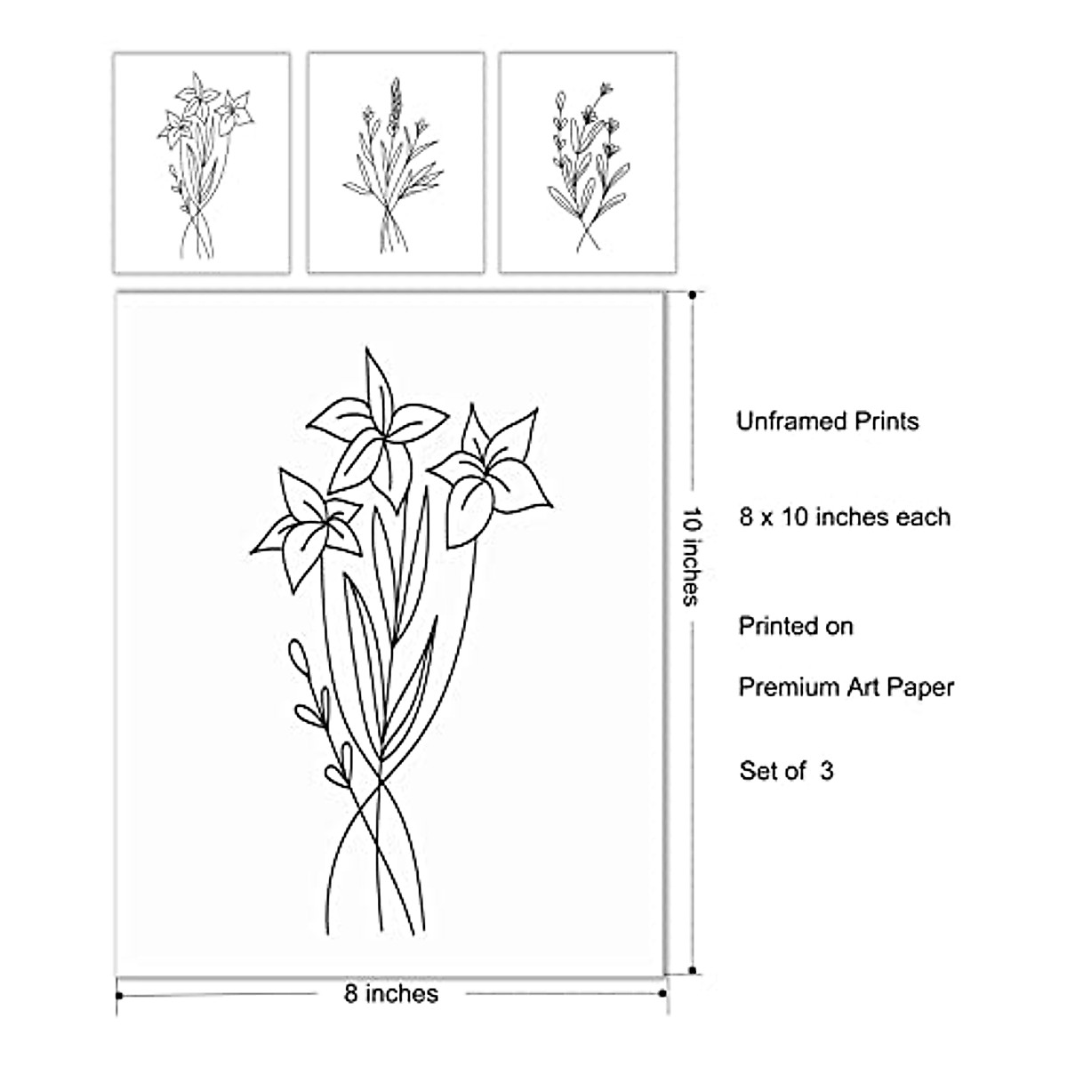 Black and White Wall Art Prints for Living Room, Bedroom, Kitchen, Office, Bathroom Wall Decor, Minimalist Wall Art, Botanical Prints, Plant Poster, Flower Pictures, Set of 3, 8" x 10", Unframed.