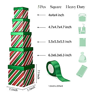 PAPER FAIR 5PCS Christmas Nesting Gift Boxes with Lid, Xmas Nested Box Set, 5 Sizes, Square Stackable, Green Red Stripe Paper Box Tower Décor with Satin Ribbon, for Holiday Thanksgiving New Year