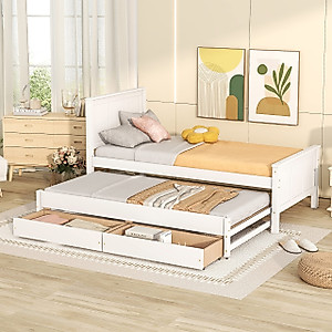 CITYLIGHT Twin Bed with Trundle and Storage, Wood Twin Size Platform Bed Frame with Trundle and Drawers, Space-Saving Twin Size Bed for Kids, Boys, Girls (Twin,White)