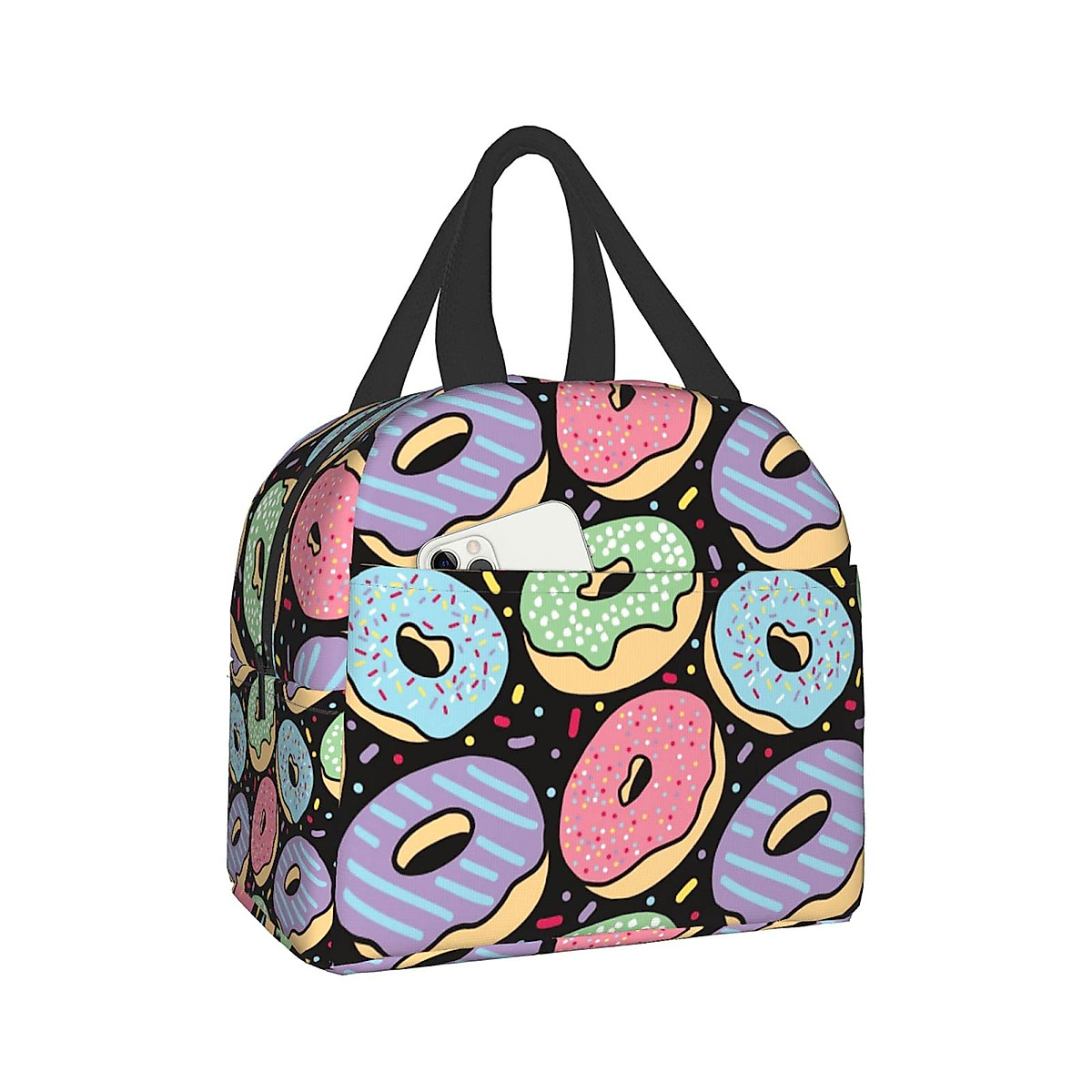 carati Colorful Donuts Lunch Box Insulated Lunch Boxes Waterproof Lunch Bag Reusable Lunch Tote With Front Pocket For School Office Picnic