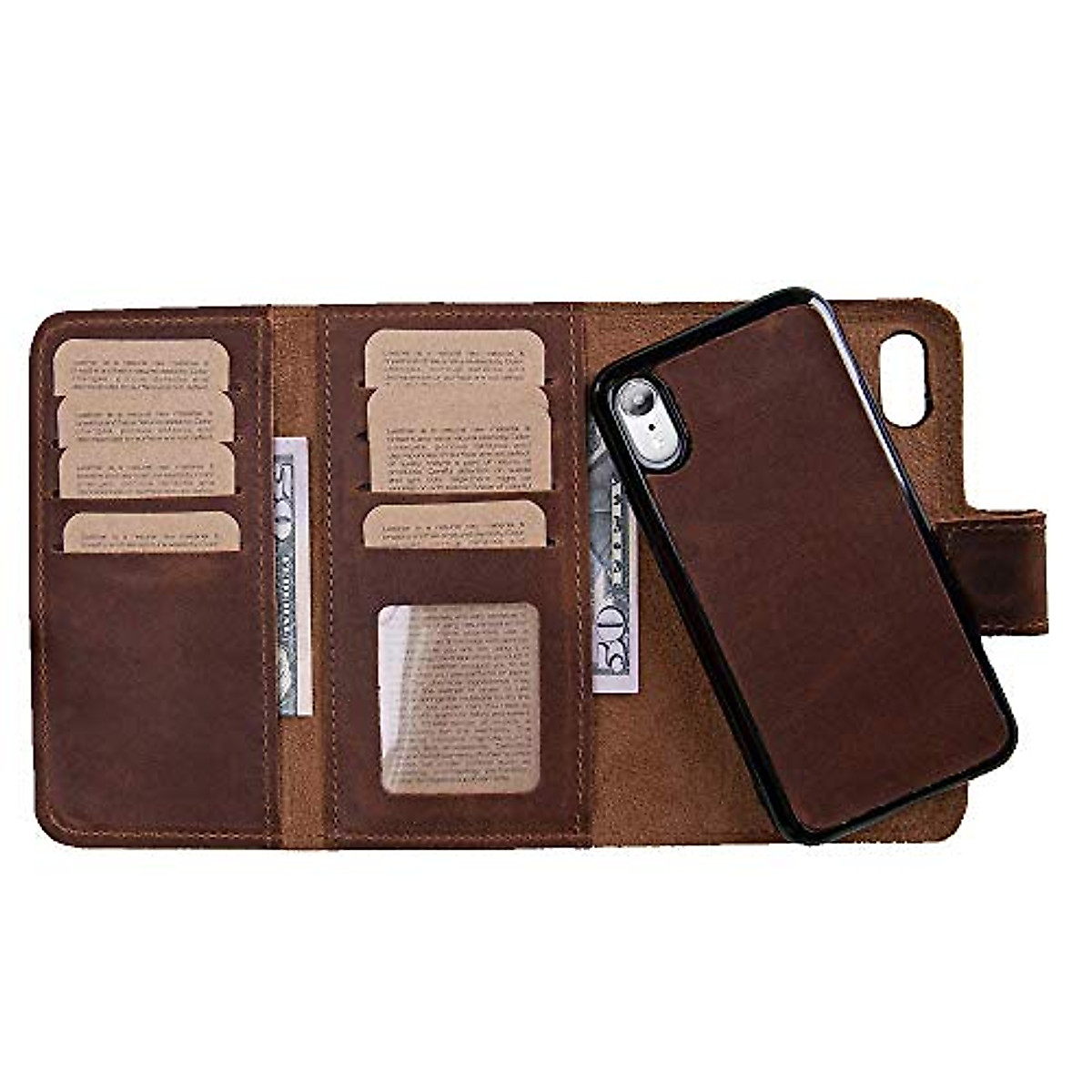 Brown Leather iPhone XR Magnetic Detachable Wallet Case, Customized Full Grain Leather Cover For iPhone XR, Wireless Charging, Laser Engrave