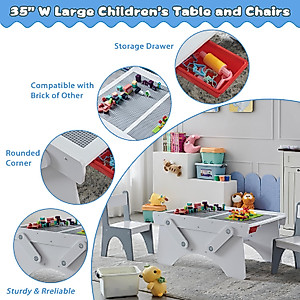 IFBUY 35" Wide Toddler Table and 2 Chairs Set with Storage Drawer, Kids Wooden Activity Desk for Ages 3-10, Compatible with Most Building Blocks, for Boys and Girls, Light Grey