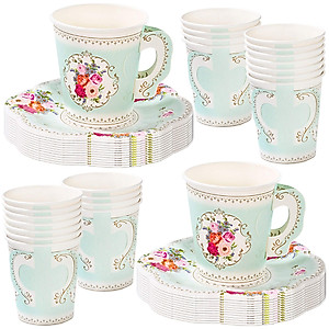 Talking Tables Truly Scrumptious Vintage Floral Paper Tea Cups with Handles and Saucers for a Tea Party or Birthday (24 Count)