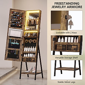 jajov 47.2" LED Jewelry Cabinet Armoire, Standing Full-Length Mirror With Jewelry Storage, Jewelry Organizer Armoire, Lockable Jewelry Mirror Cabinet (Rustic Brown)