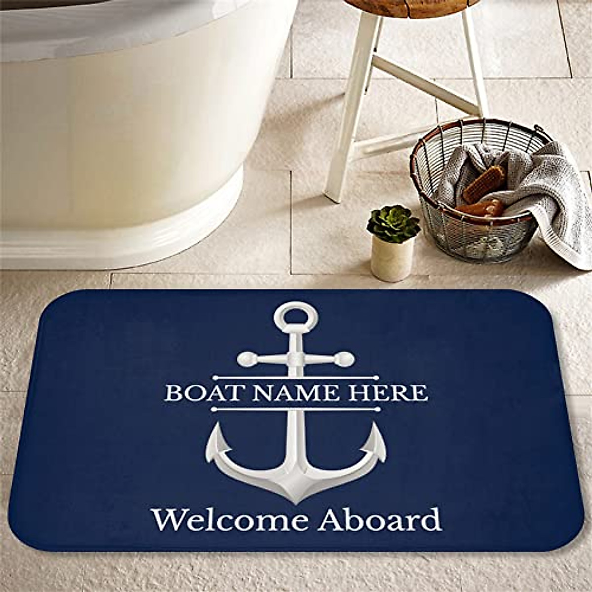 Sanley Personalized Welcome Aboard Nautical Anchor Door Mat, Welcome Nautical Theme Decorative Doormat,Anchor Boat Floor Mat Beach House Boat Welcome Mat Decor Gifts for Sea Lovers(Navy)