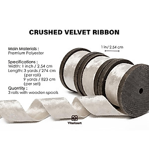Vitalizart Velvet Ribbon Set 1" x 9Yd Wooden Spool White Luxury Velvet Ribbons Double Side for Christmas Tree Wreath Decoration Ornaments Gift Wrapping Flower Bouquet 3 Rolls * 3Yd