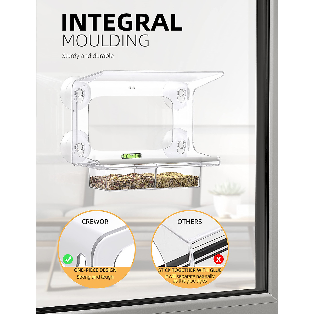 Window Bird Feeder with Strong Suction Cups, CREWOR Clear Bird House Feeders for Outside Wild Birds, Built-in Level & Removable Tray, Fits for Cardinals, Blue Jays, Bluebirds, Finches, Chickadees etc.
