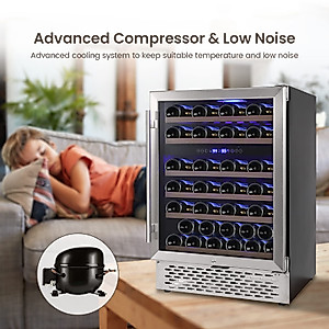 Wine Cooler Refrigerator 51 Bottles Compressor Dual Zone Built-in or Freestanding Fridge with Seamless Stainless Steel & Triple-Layer Tempered Reversible Glass Door and Temperature Memory Function