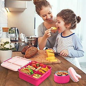 Pawtong Bento Lunch Box with 8oz Soup Thermo, Kids Leakproof Lunch Food Containers with 4 Compartment, Kids Thermo Insulated Hot Food Jar for School, Trvael - (Pink)