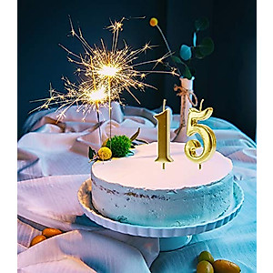 Bailym Gold 15th Birthday Candles, Number 15 Cake Topper for Birthday Decorations