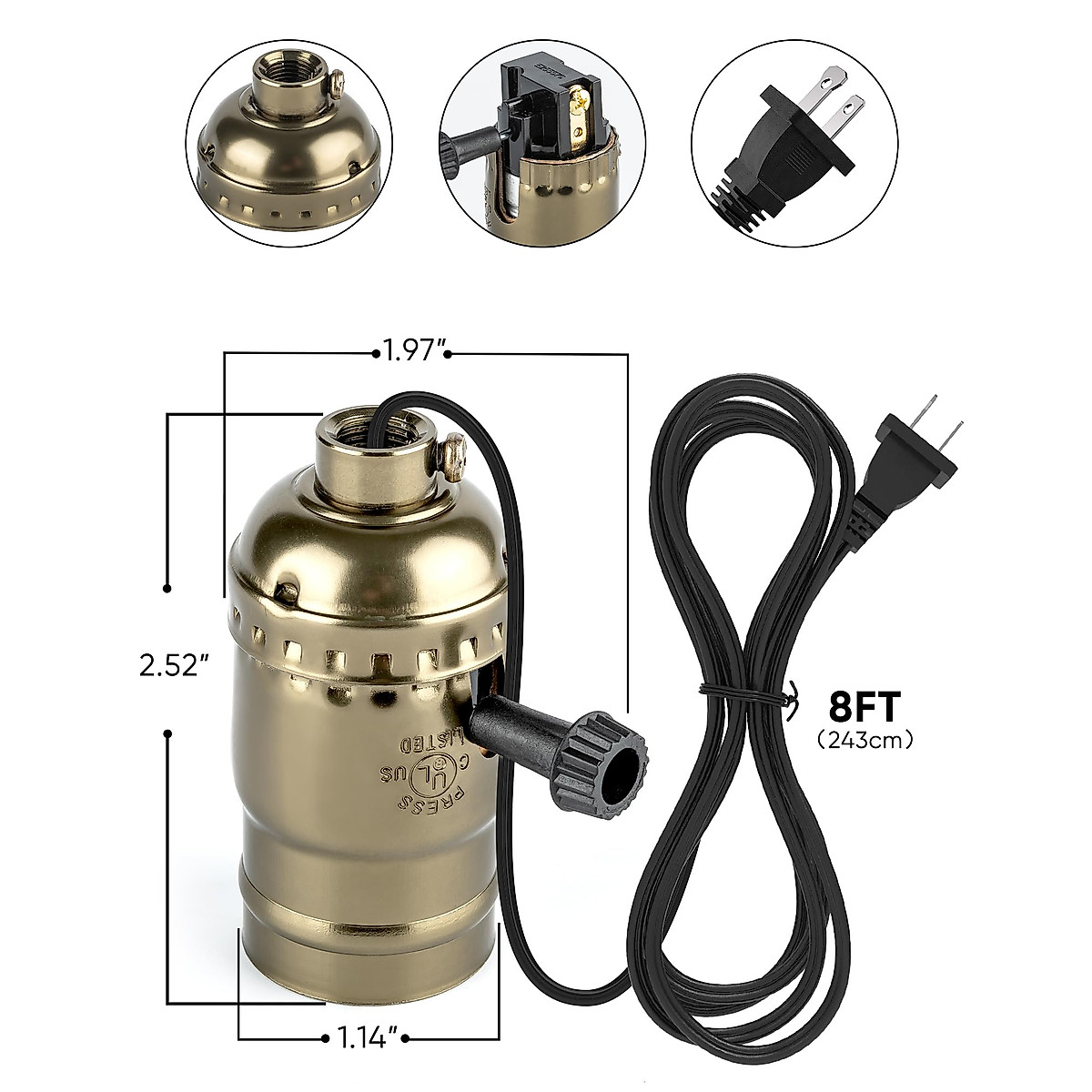 JACKYLED Lamp Socket Replacement, DIY Lamp Wiring Kit, UL Listed, Antique Bronze, Medium Base, Metal, Table Top, 120V AC