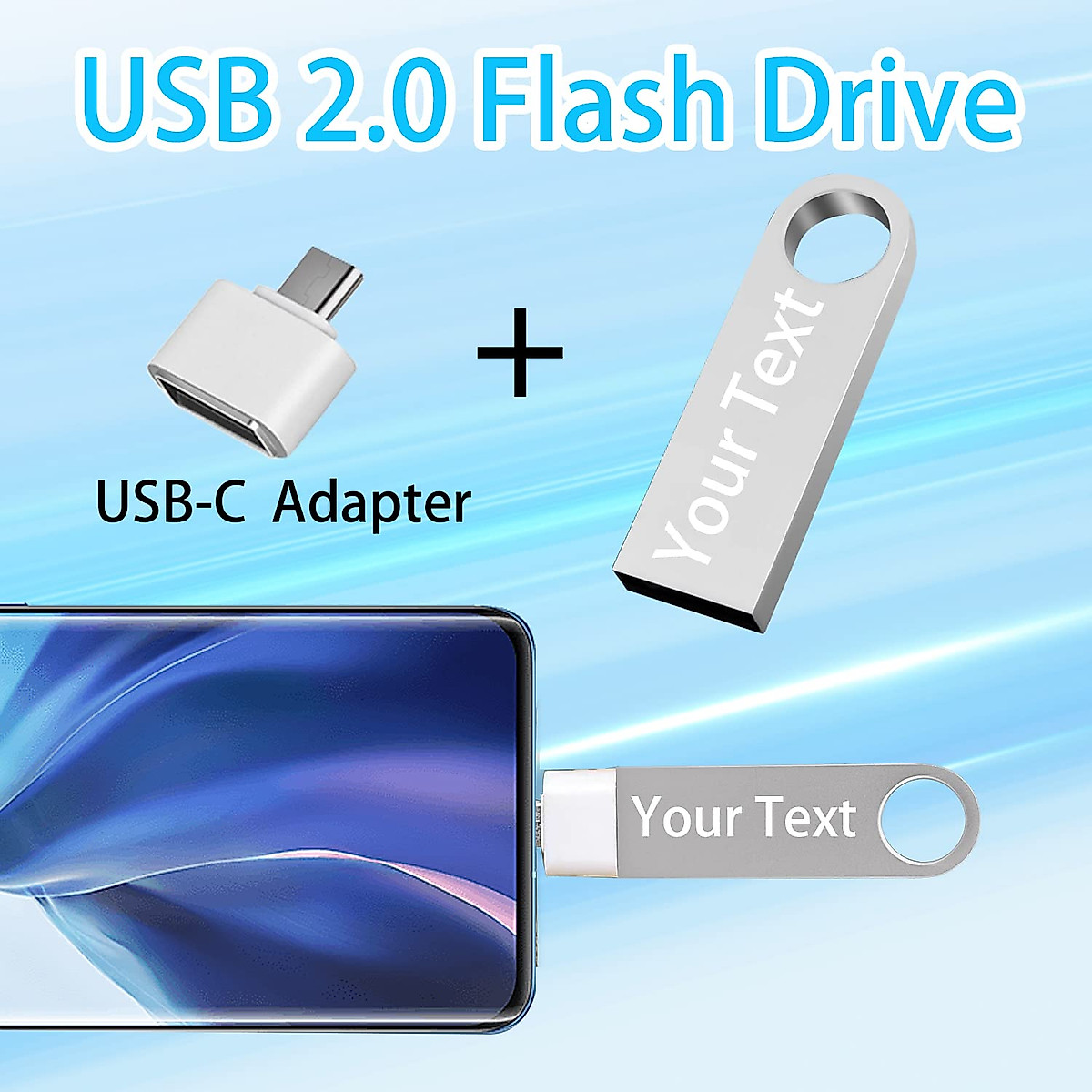 Custom Logo USB Flash Drive with Keychain and USB C Adapter Engraved Free Personalized USB 2.0 Metal Memory Stick Personal Gift for Friend,Wedding,Anniversary,Graduation,Birthday,Party-4G, Silver