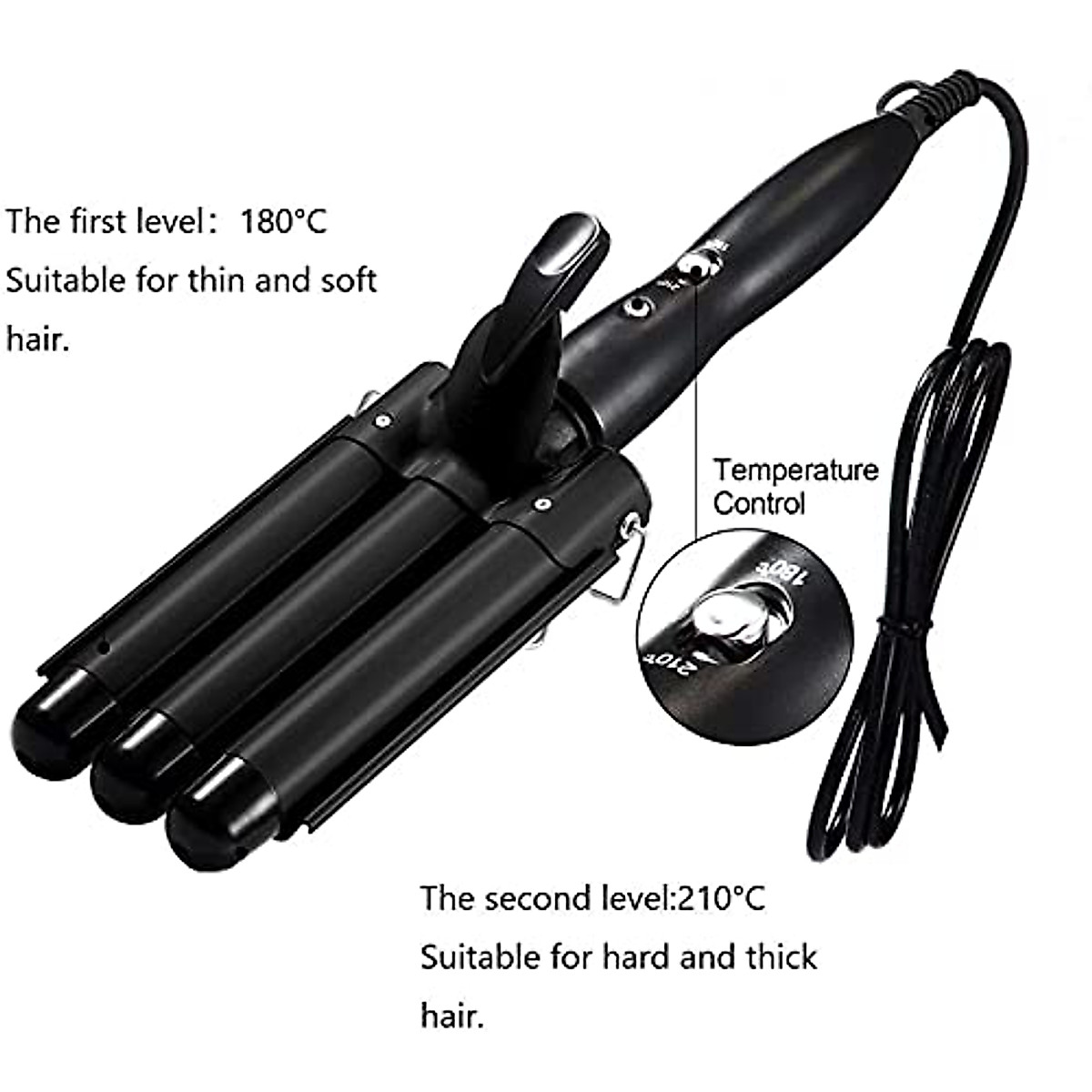 Tourmaline Ceramic 3 Barrel Curling Iron and Waver, 1 Inch - Mermaid Beach Waves, Heat Up Quickly, Black