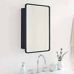 TEHOME Surface Mount 16x24 Black Bathroom Medicine Cabinet with Mirror Matt Black Metal Framed Rounded Rectangle Medicine Cabinet with Beveled Mirror
