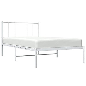 vidaXL Classic White Metal Bed Frame with Durable Powder-Coated Steel, Supportive Headboard, Robust Slats and Extra Storage Space – 39.4"x74.8"