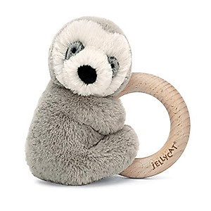 Jellycat Bailey Sloth Wooden Ring Baby Rattle Teething Toy, 6 inches